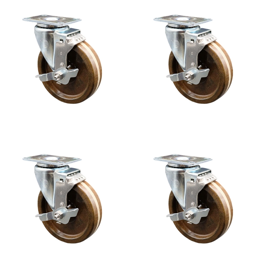 5 Inch High Temp Phenolic Wheel Swivel Top Plate Caster Set with Brake ...