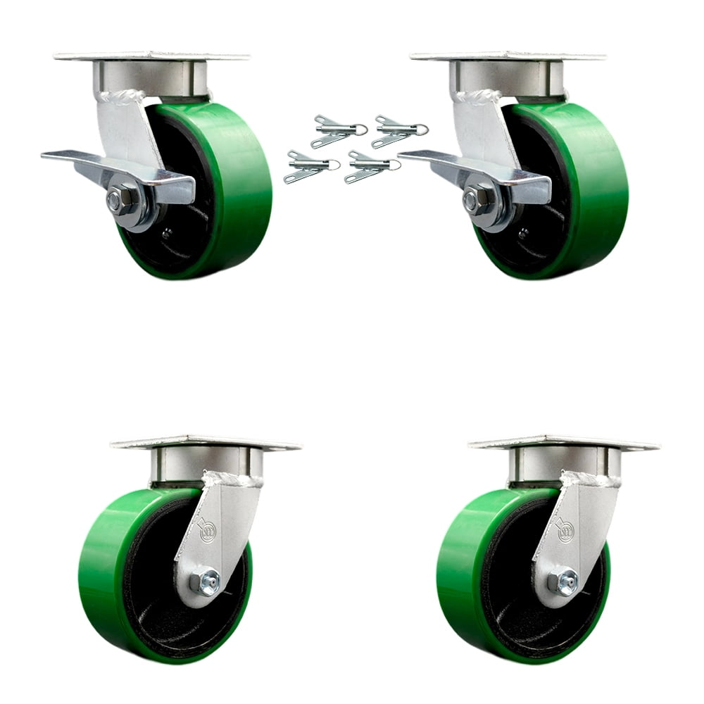 5 Inch Kingpinless Green Poly on Steel Wheel Caster Set 4 Swivel Locks ...