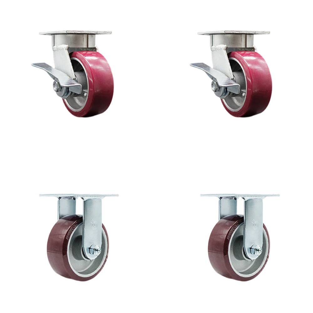 5 Inch Kingpinless Poly on Aluminum Wheel Caster Set 2 Brakes 2 Rigid ...