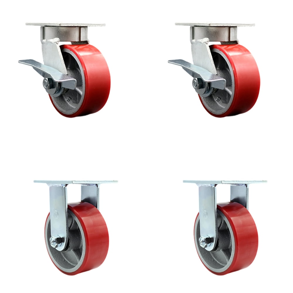 5 Inch Kingpinless Red Poly on Steel Wheel Caster Set 2 Brakes 2 Rigid ...