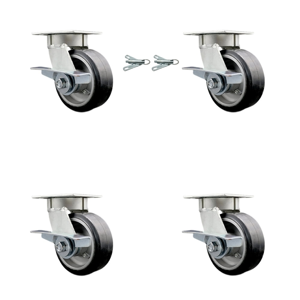 5 Inch Kingpinless Rubber on Aluminum Wheel Caster Set 4 Brakes 2 ...