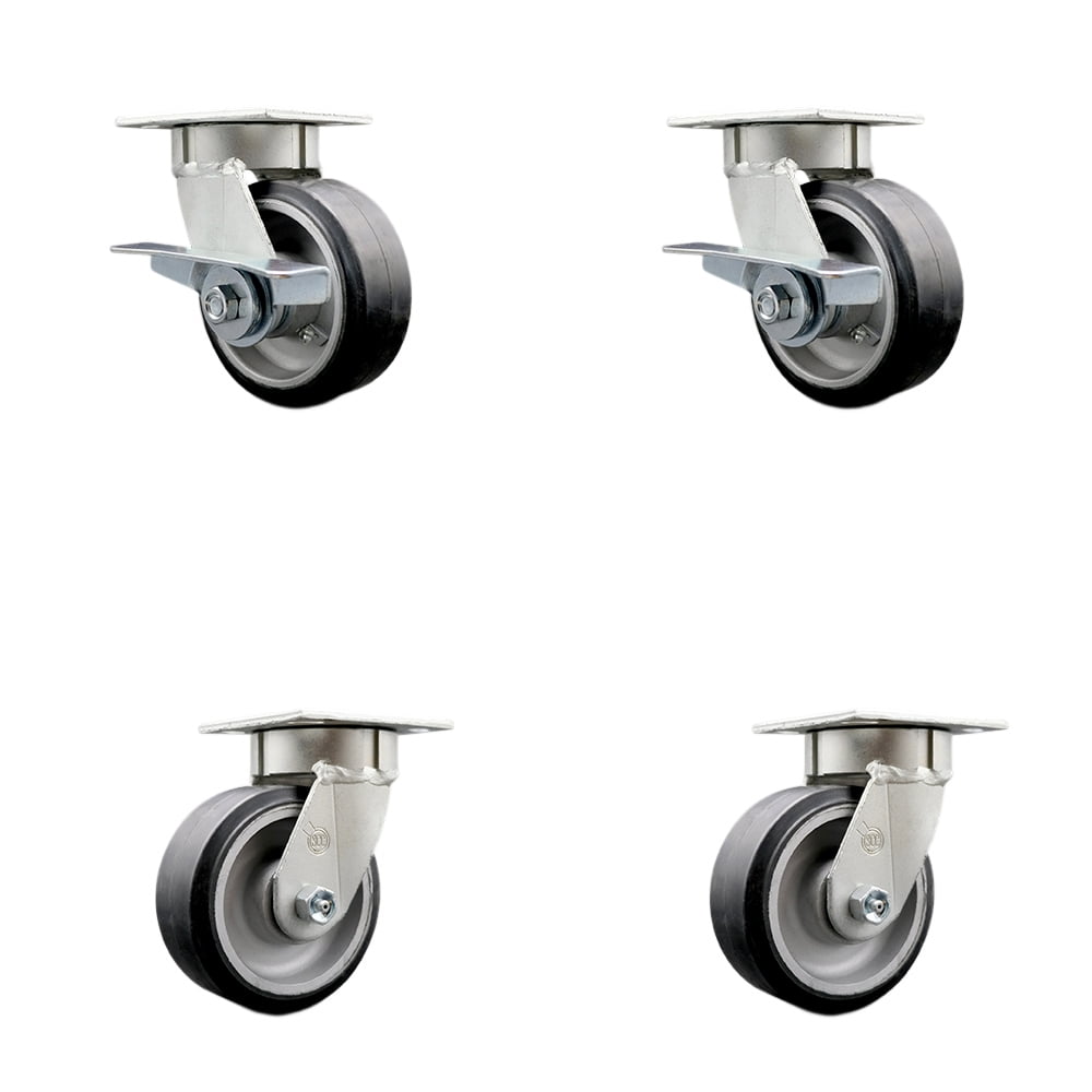 5 Inch Kingpinless Rubber on Aluminum Wheel Caster Set 4 Swivel Locks 2 ...