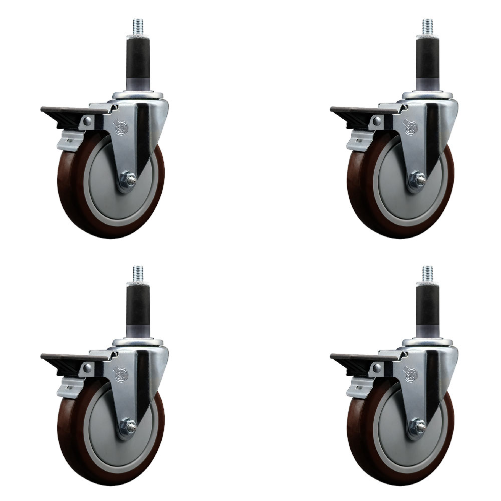 5 Inch Maroon Poly Swivel 1-1/8 Inch Expanding Stem Caster Set with Brake SCC - Walmart.com