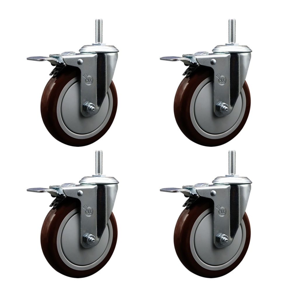 5 Inch Maroon Poly Swivel 3/4 Inch Threaded Stem Caster Set Total Lock ...