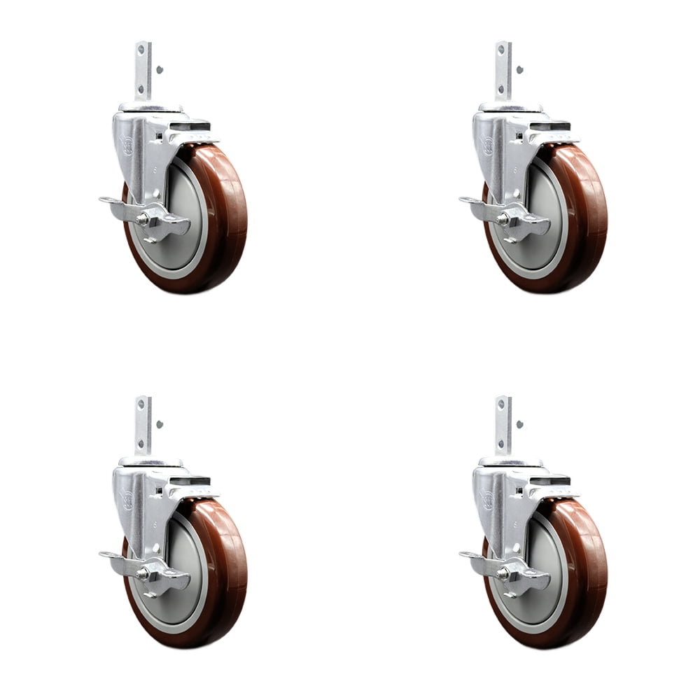5 Inch Maroon Poly Wheel Swivel 7/8 Inch Square Stem Caster Set with ...