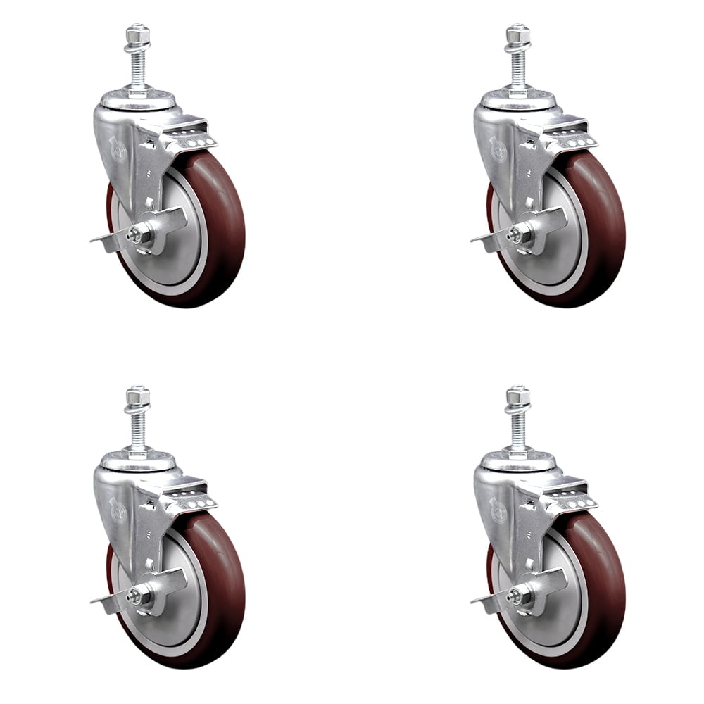 5 Inch Maroon Polyurethane Swivel 10mm Threaded Stem Caster Set with ...