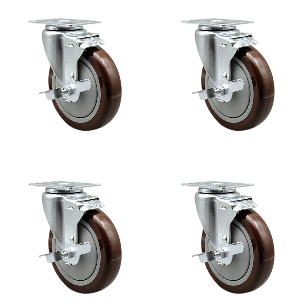 5 Inch Maroon Polyurethane Wheel Swivel Top Plate Caster Set with Brake ...