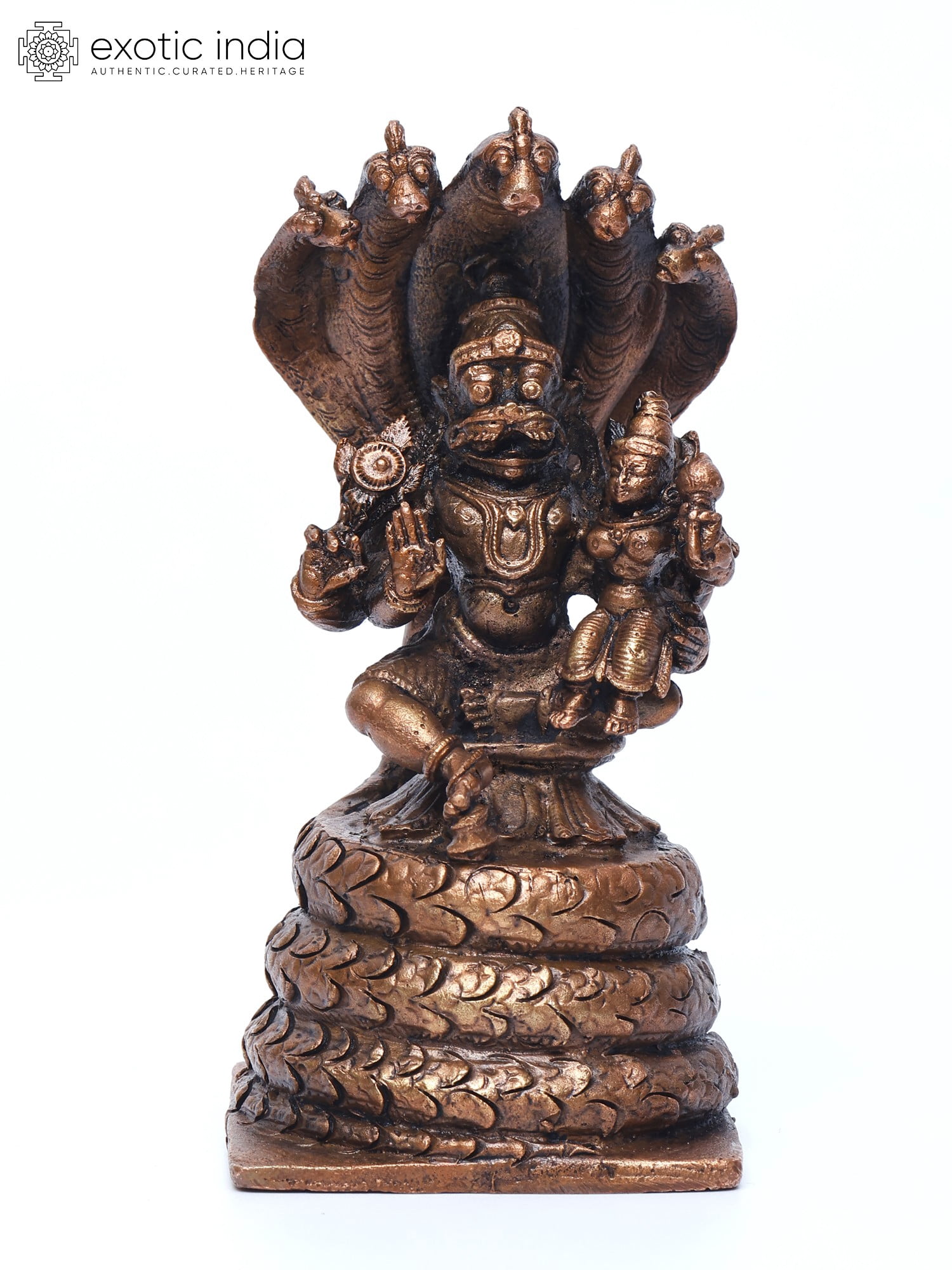 5 Inch Narasimha Seated on Serpent Throne with Lakshmi Copper Warrior ...