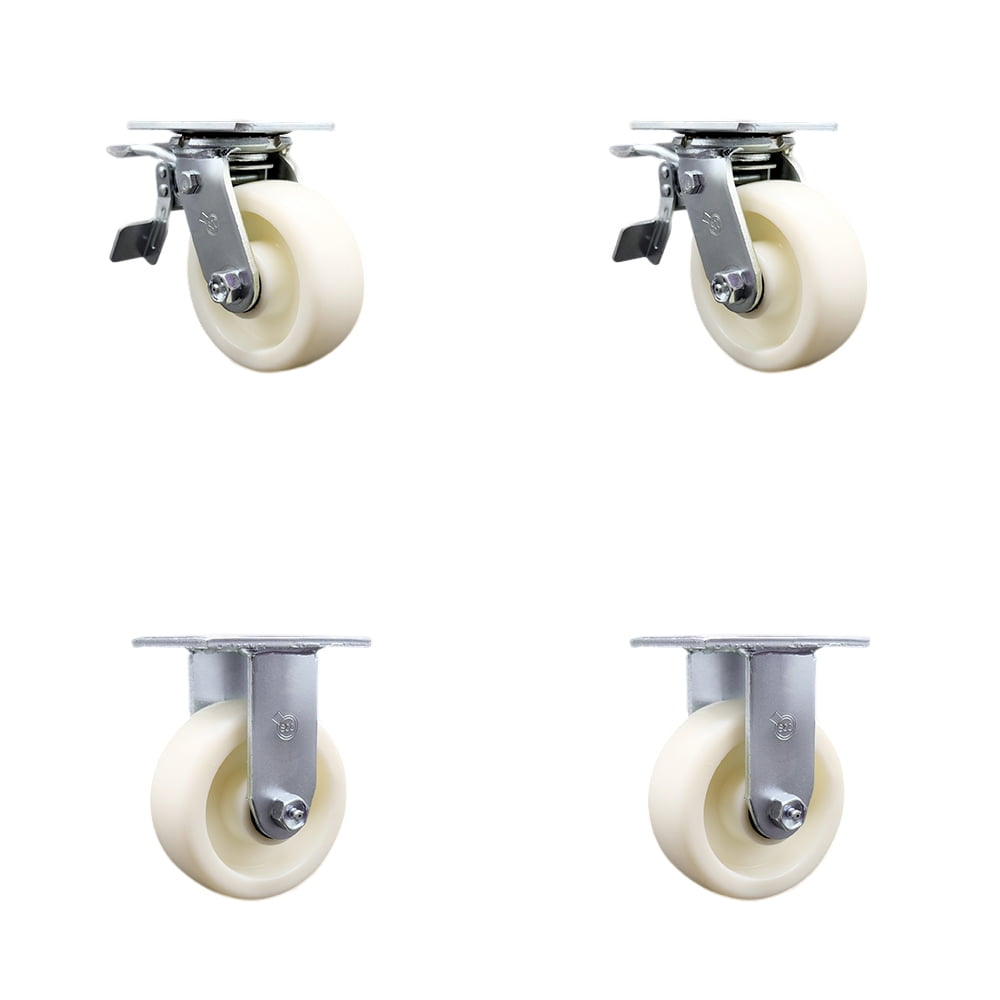 5 Inch Nylon Caster Set with Roller Bearings 2 Brakes 2 Rigid Service ...