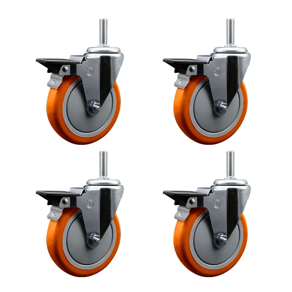 5 Inch Orange Poly Wheel Swivel 5/8 Inch Threaded Stem Caster Set with Brake - Walmart.com