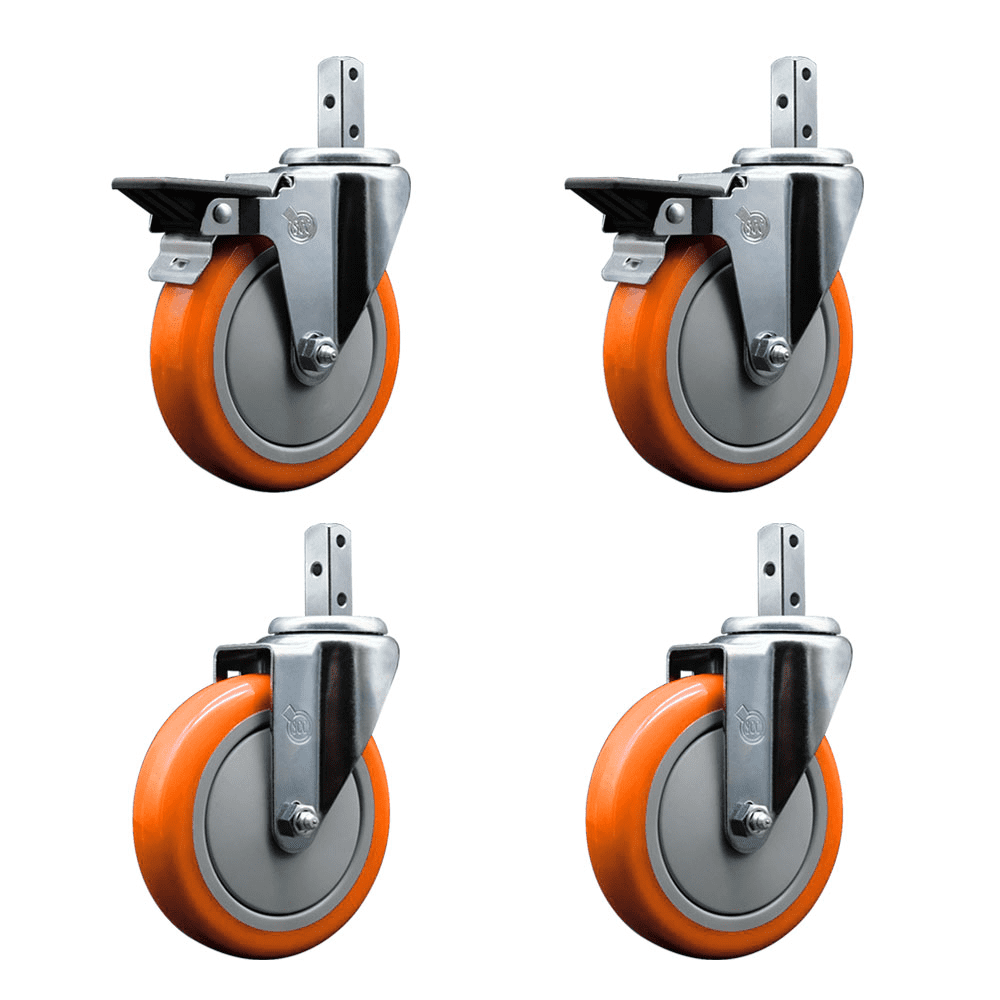 5 Inch Orange Polyurethane Wheel Swivel 3/4 Inch Square Stem Caster Set ...