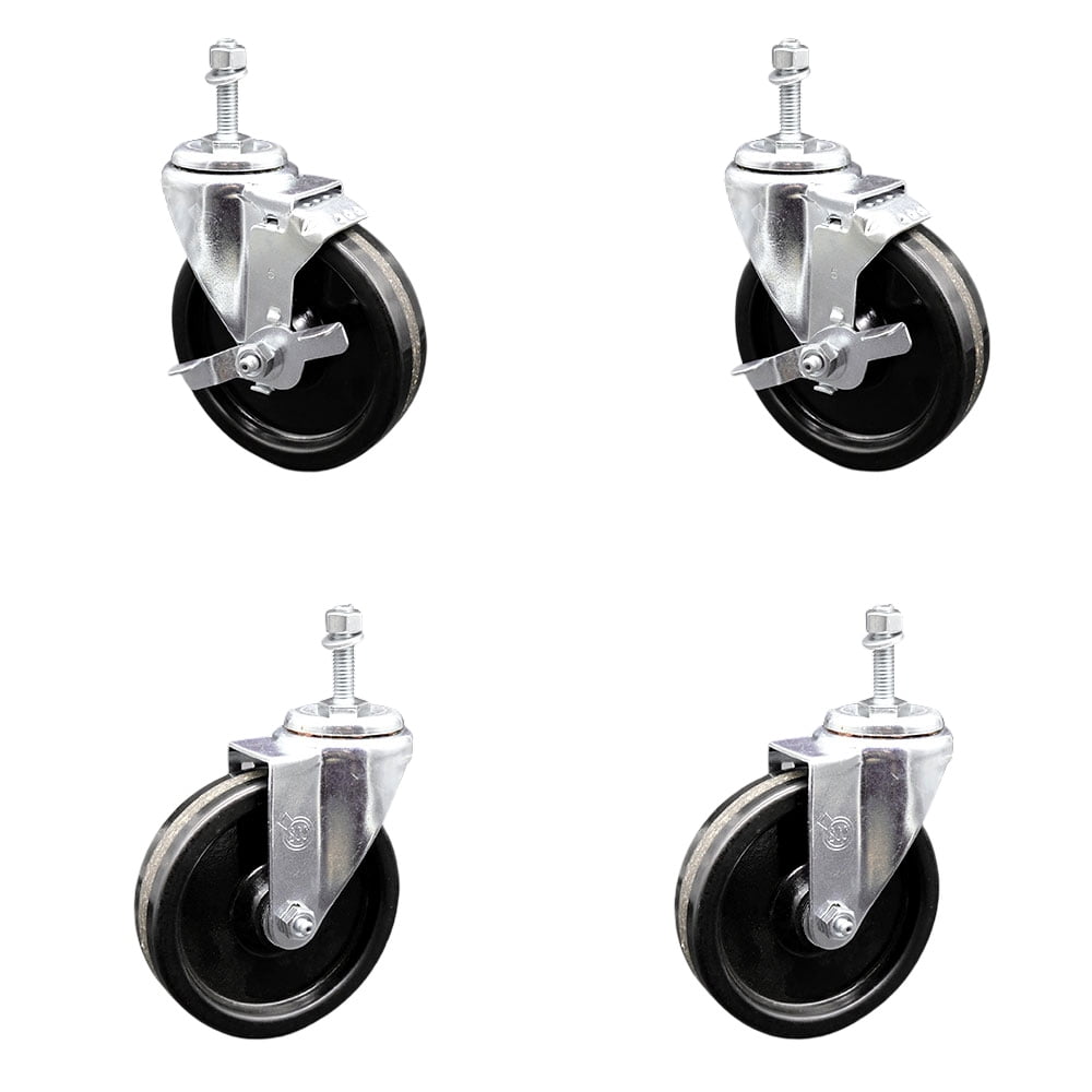 5 Inch Phenolic Wheel Swivel 10mm Threaded Stem Caster Set 2 Brakes SCC ...