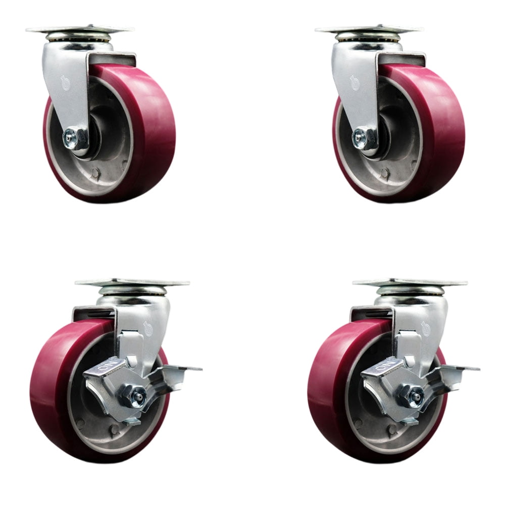 5 Inch Poly on Aluminum Swivel Caster Set with Roller Bearings 2 Brakes ...