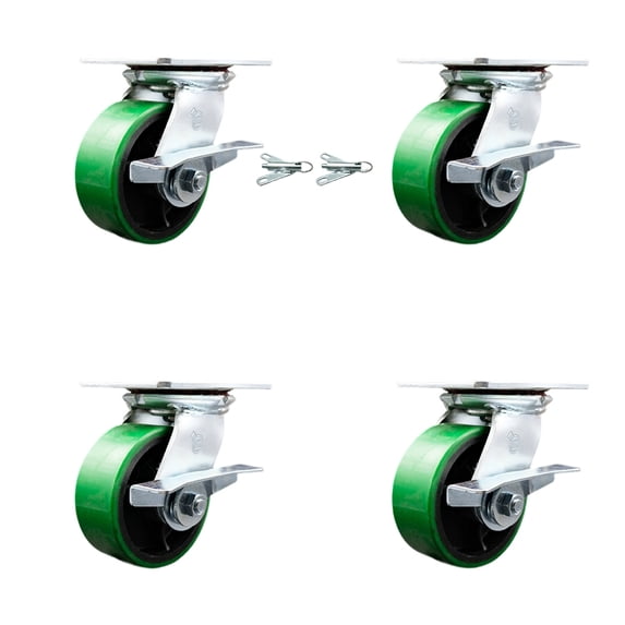 5 Inch Poly on Cast Iron Caster Set with Roller Bearing 4 Brake 2 ...