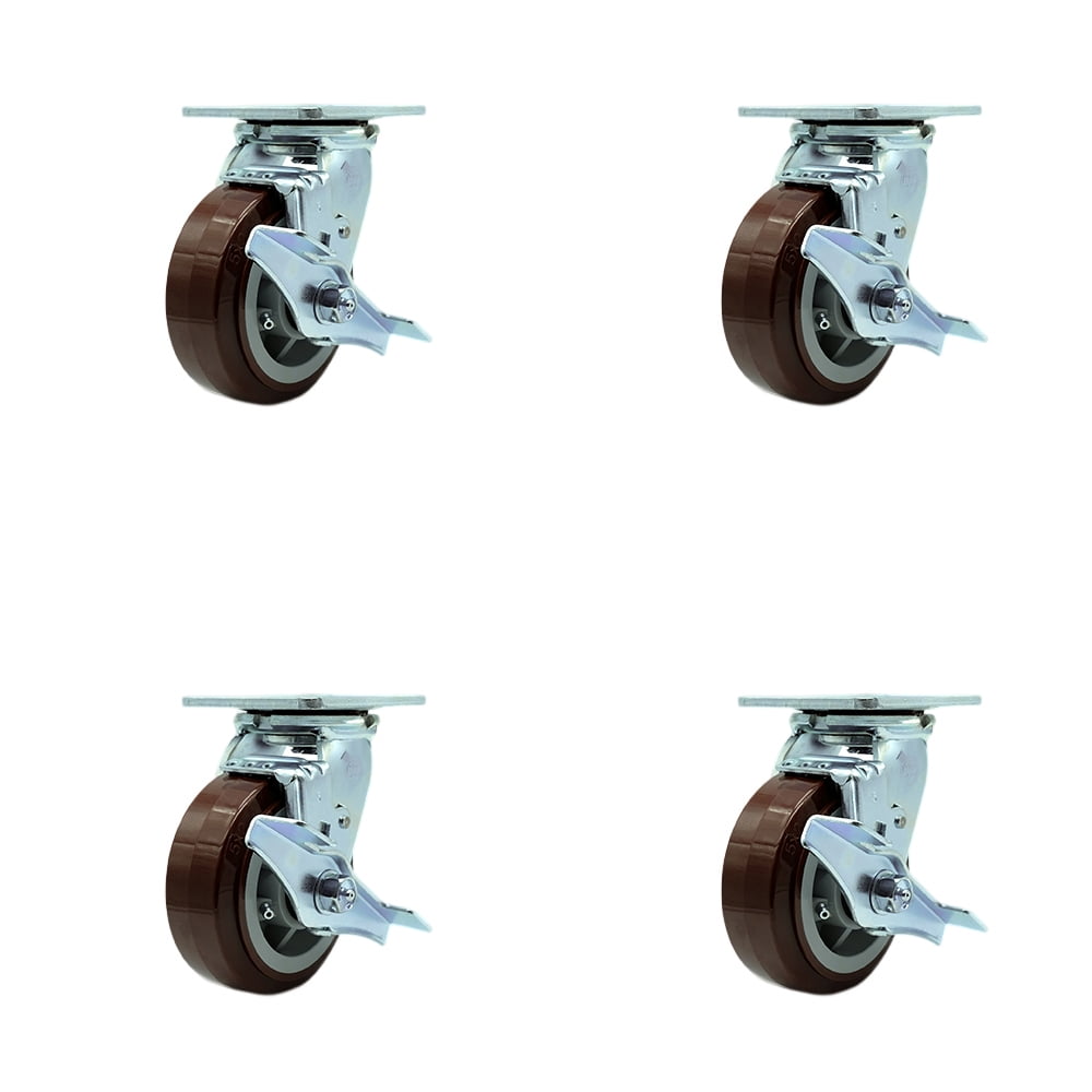5 Inch Polyurethane Caster Set with Roller Bearings and Brake/Swivel ...