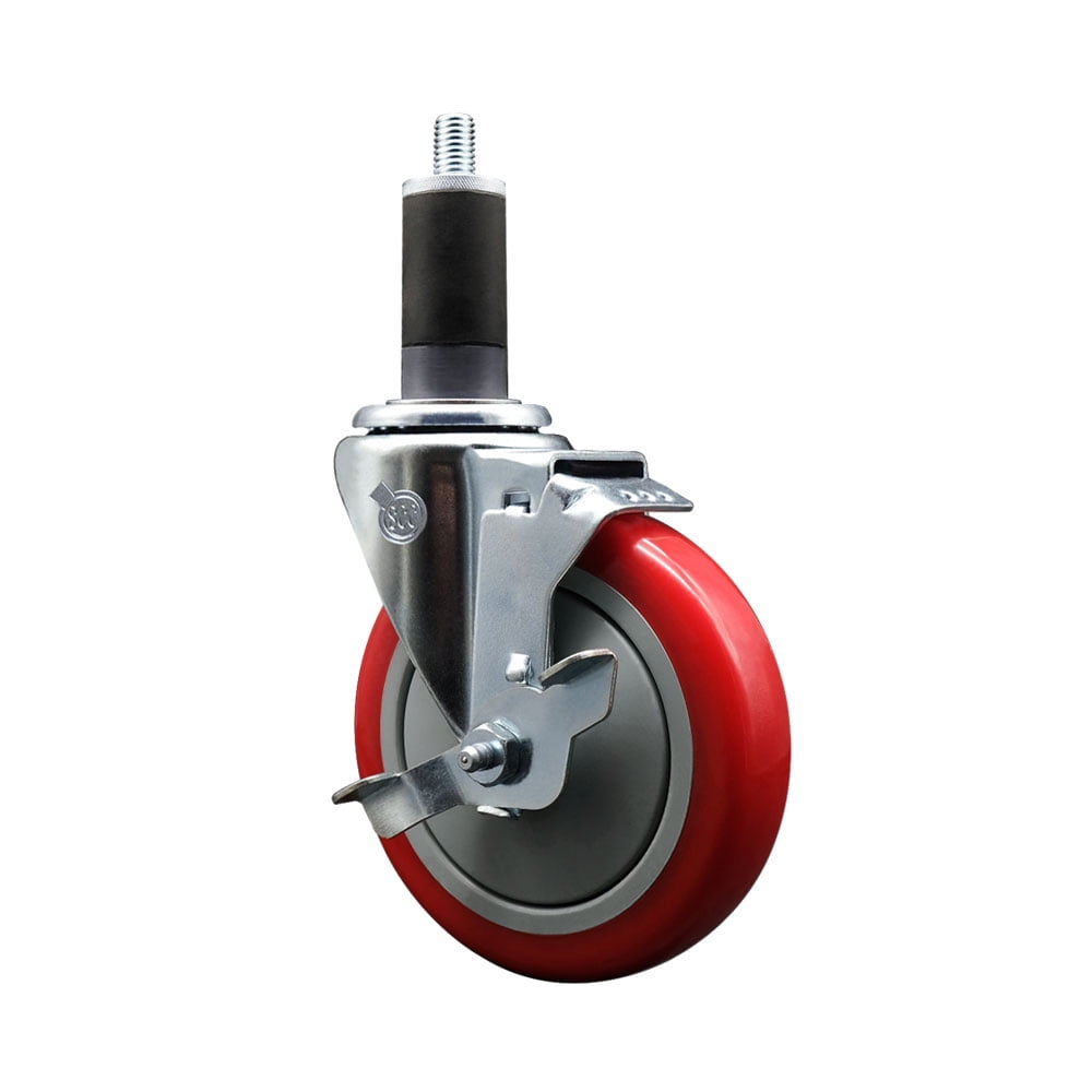 5 Inch Red Poly Swivel 1-1/4 Inch Expanding Stem Caster with Brake SCC ...