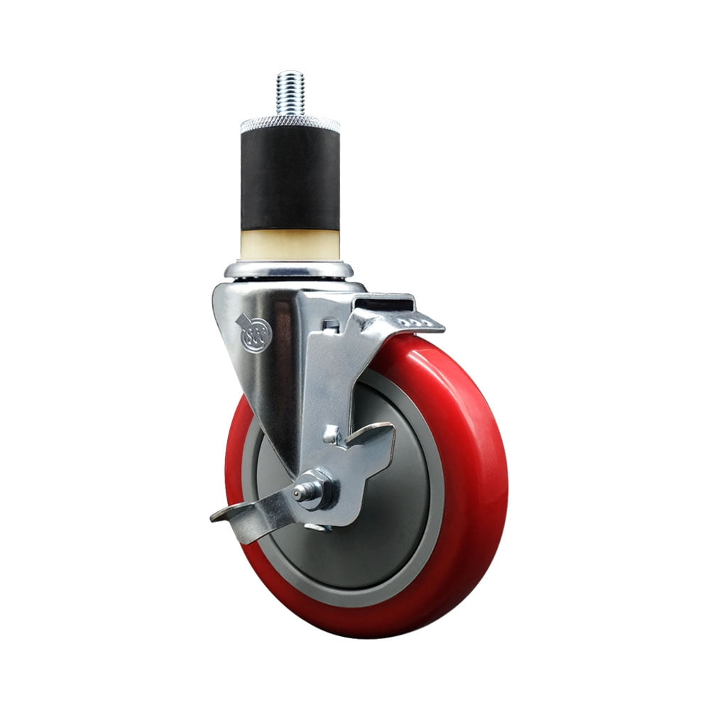 5 Inch Red Poly Swivel 1-7/8 Inch Expanding Stem Caster with Brake SCC ...
