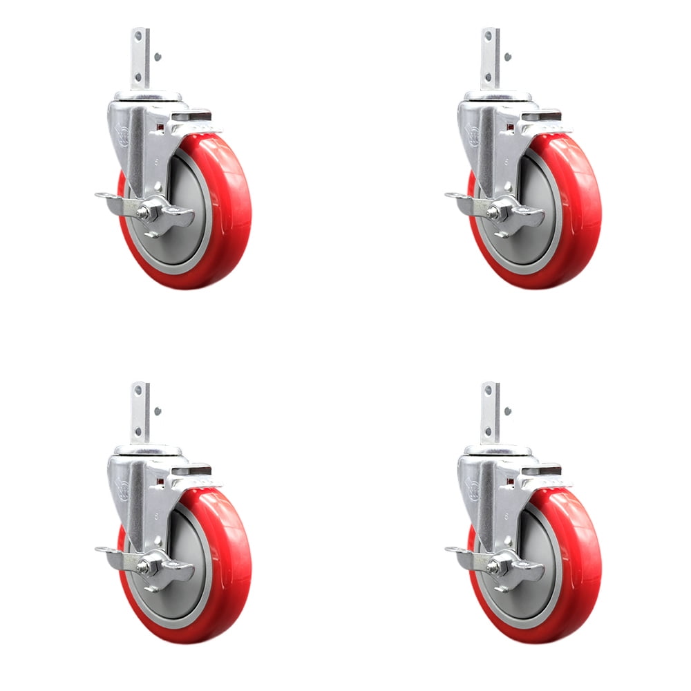 5 Inch Red Poly Wheel Swivel 3/4 Inch Square Stem Caster Set with Brake ...