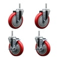 5 Inch Red Poly Wheel Swivel 5/8 Inch Threaded Stem Caster Set 2 Brakes ...