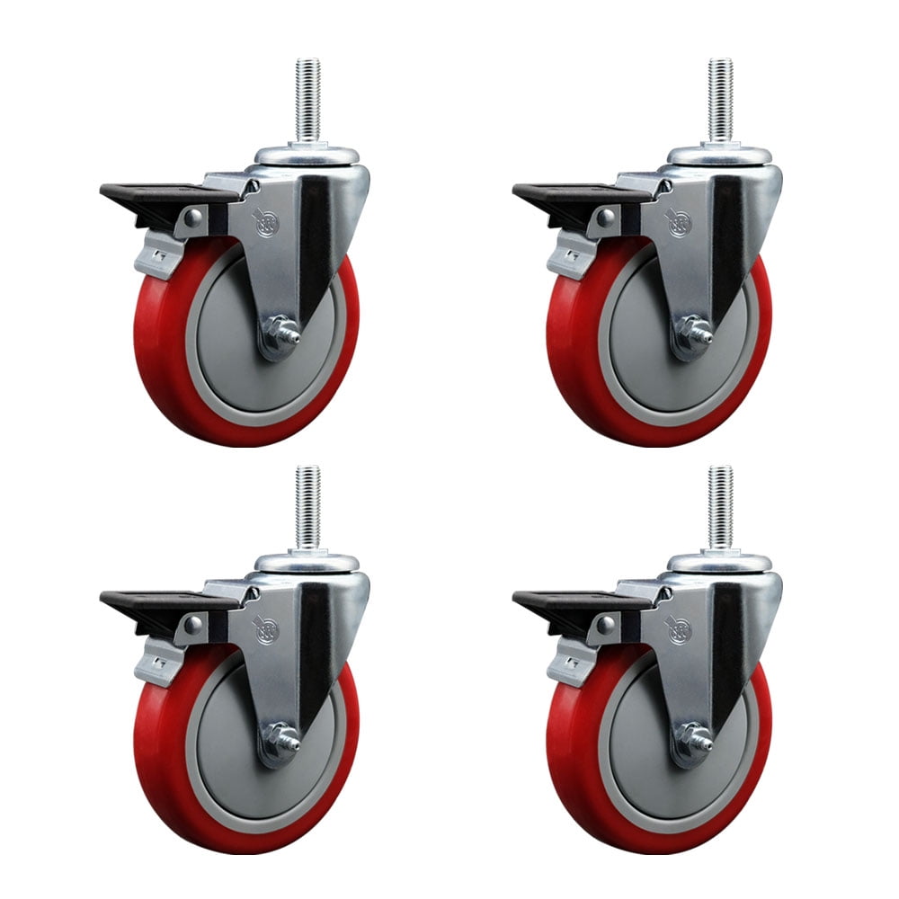 5 Inch Red Poly Wheel Swivel 5/8 Inch Threaded Stem Caster Set with ...