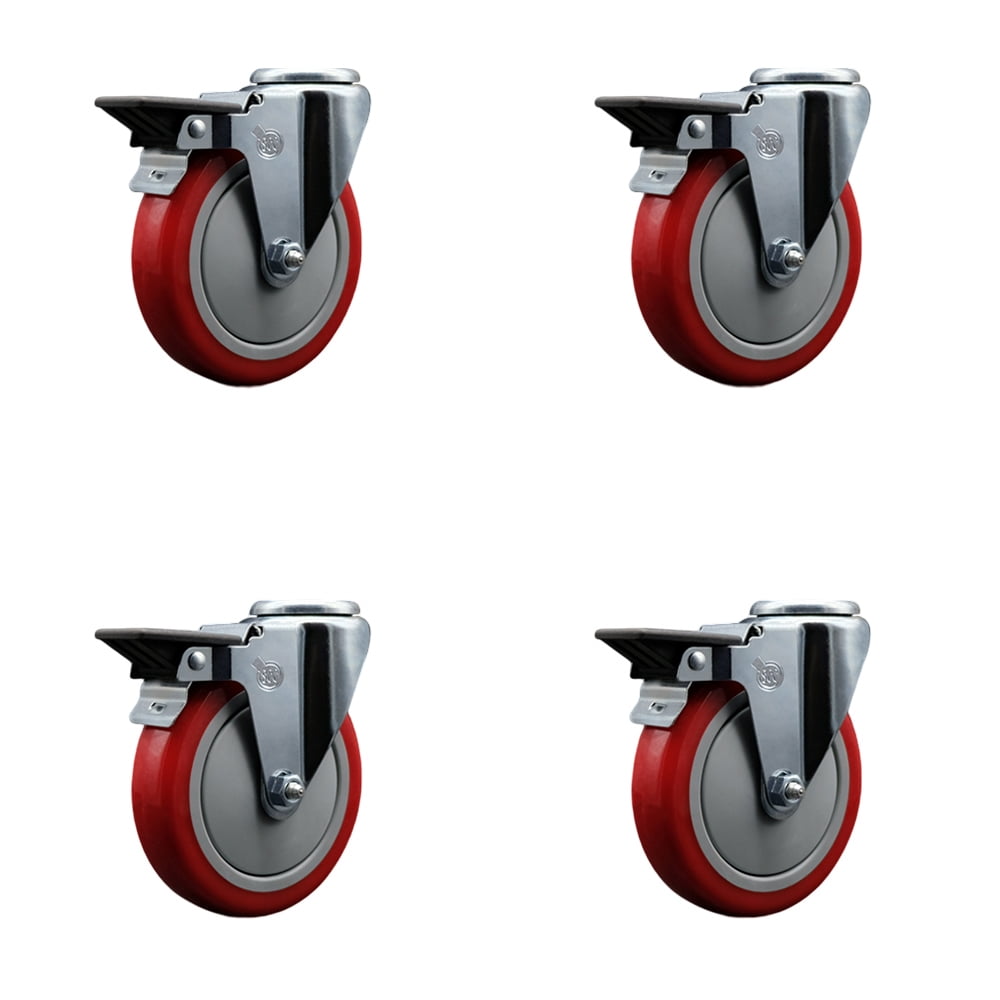 5 Inch Red Poly Wheel Swivel Bolt Hole Caster Set with Posi Lock Brakes ...