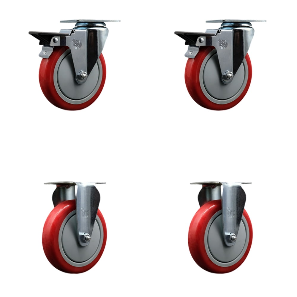 5 Inch Red Poly Wheel Swivel Top Plate Caster Set with 2 Posi Brakes 2 ...