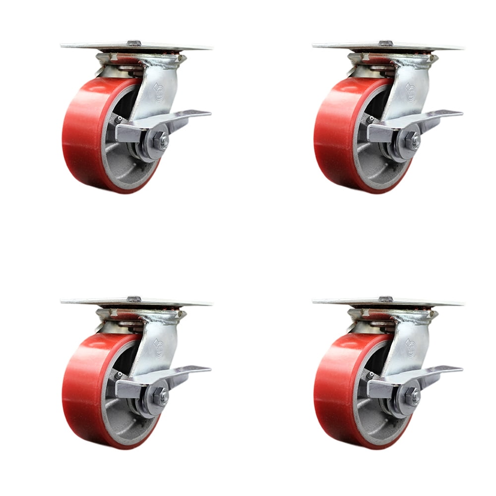 5 Inch Red Poly on Cast Iron Caster Set with Roller Bearing and Brake ...