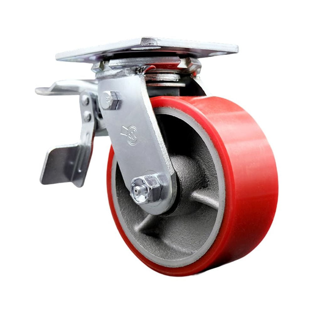 5 Inch Red Poly on Cast Iron Caster with Ball Bearing and Total Lock ...