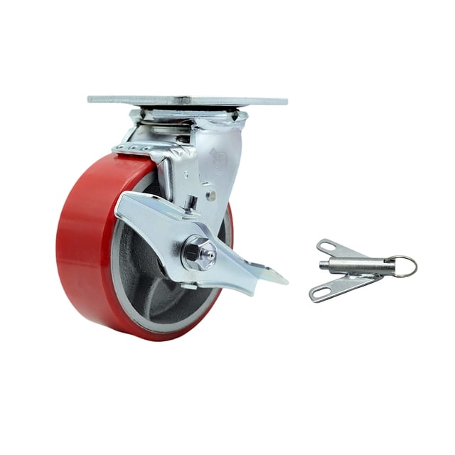 5 Inch Red Poly on Cast Iron Caster with Roller Bearing and Brake ...