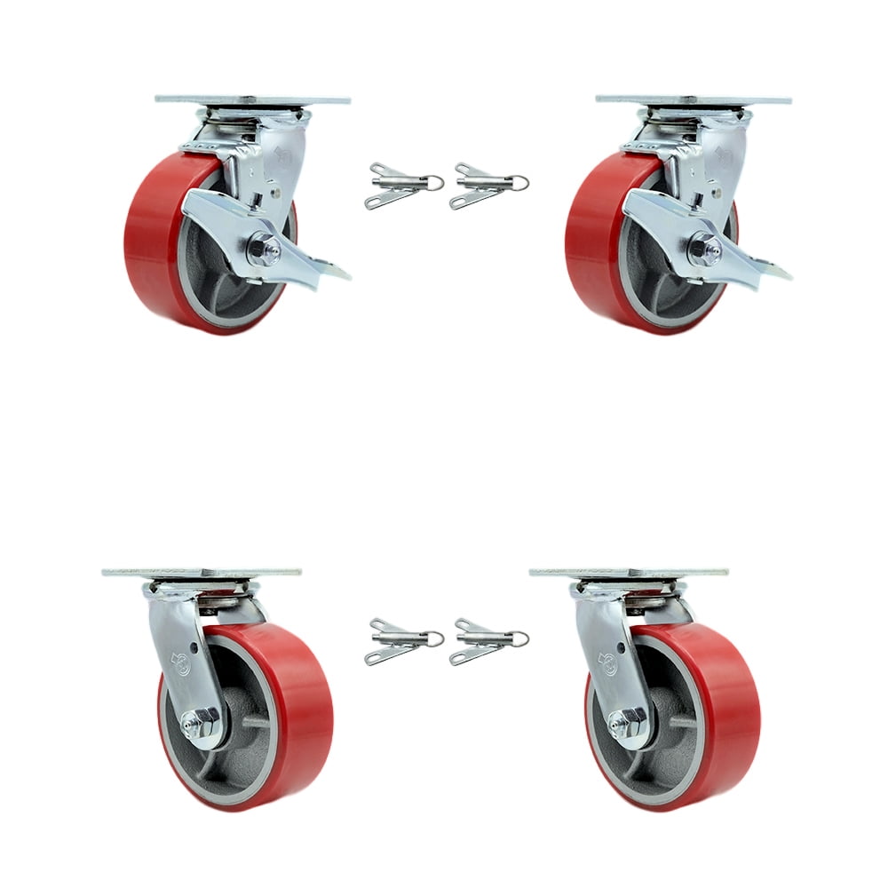 5 Inch Red Poly on Steel Caster Set with Roller Bearings 4 Swivel Lock ...