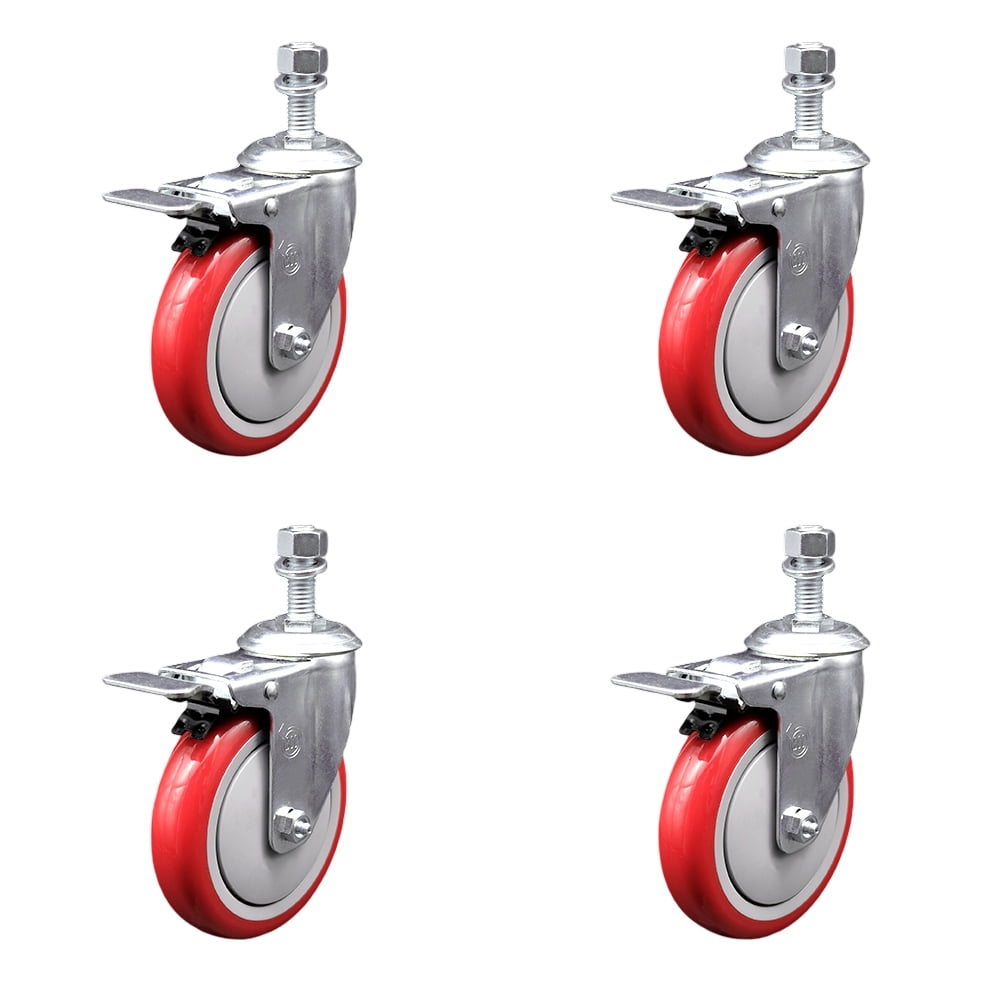 5 Inch Red Polyurethane Swivel ½ Inch Stem Caster Set with Total Lock ...