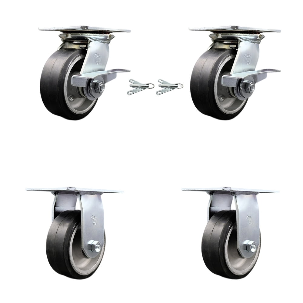 5 Inch Rubber on Aluminum Caster Set 2 Brakes/Swivel Locks and 2 Rigid ...