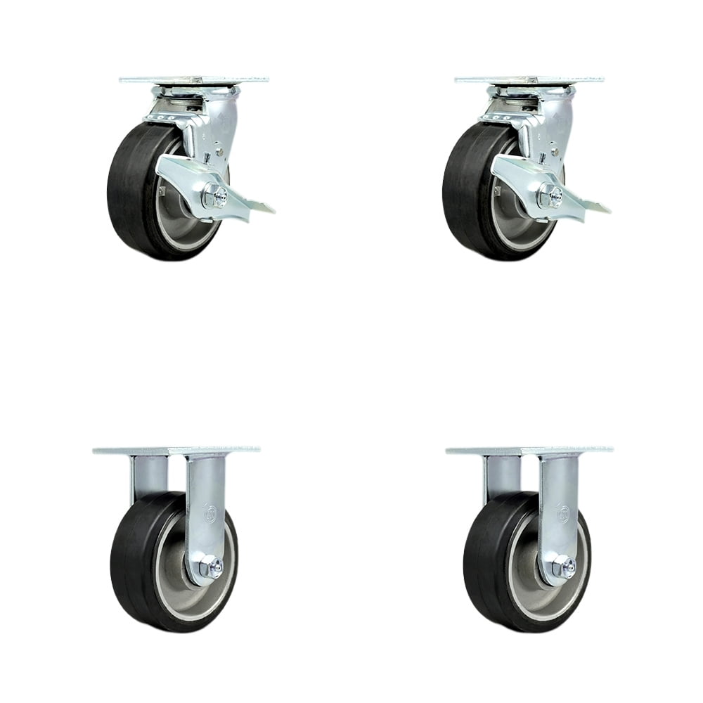 5 Inch Rubber on Aluminum Caster Set with Roller Bearings 2 Brakes 2 ...