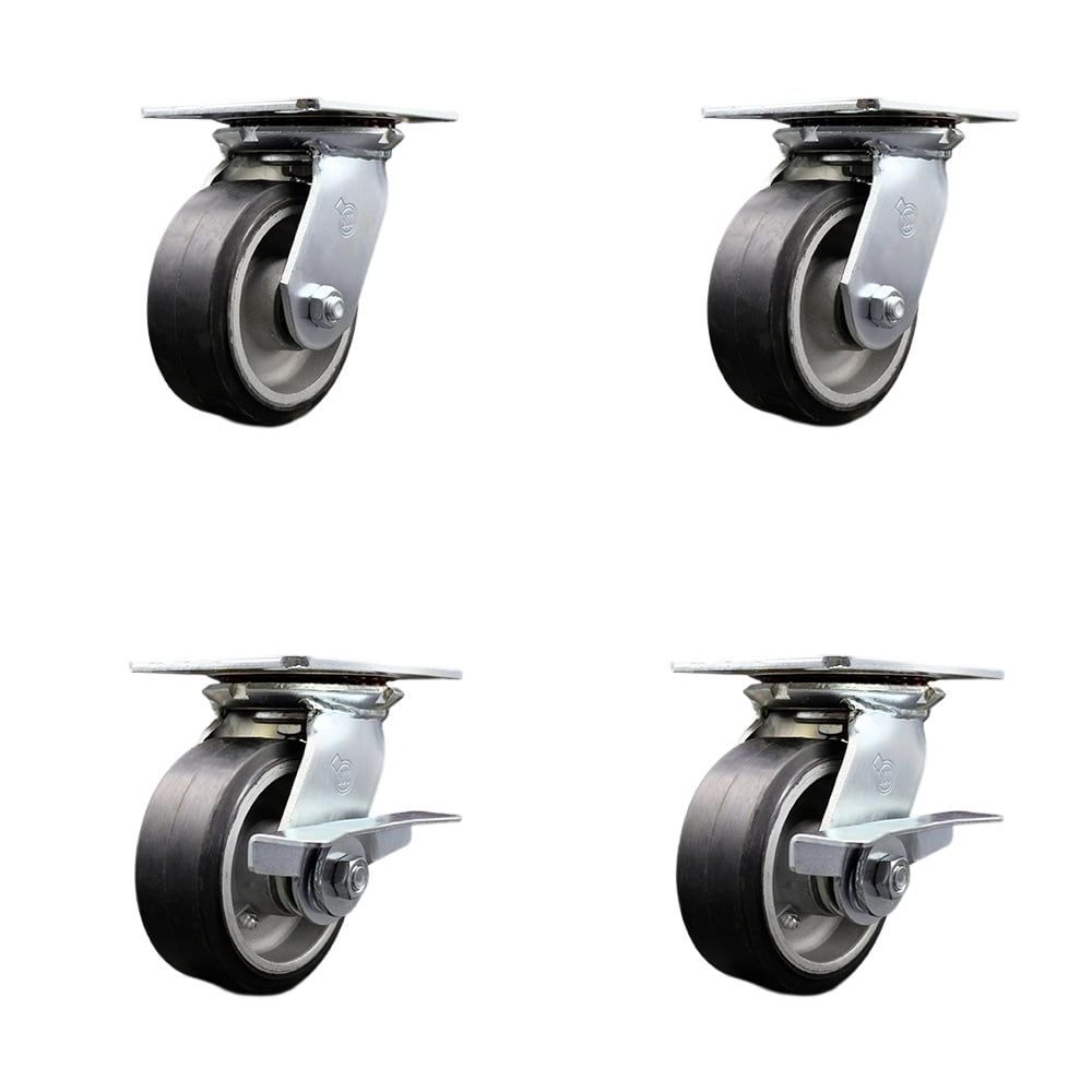 5 Inch Rubber on Aluminum Swivel Caster Set 2 Swivel Locks 2 Brakes SCC ...