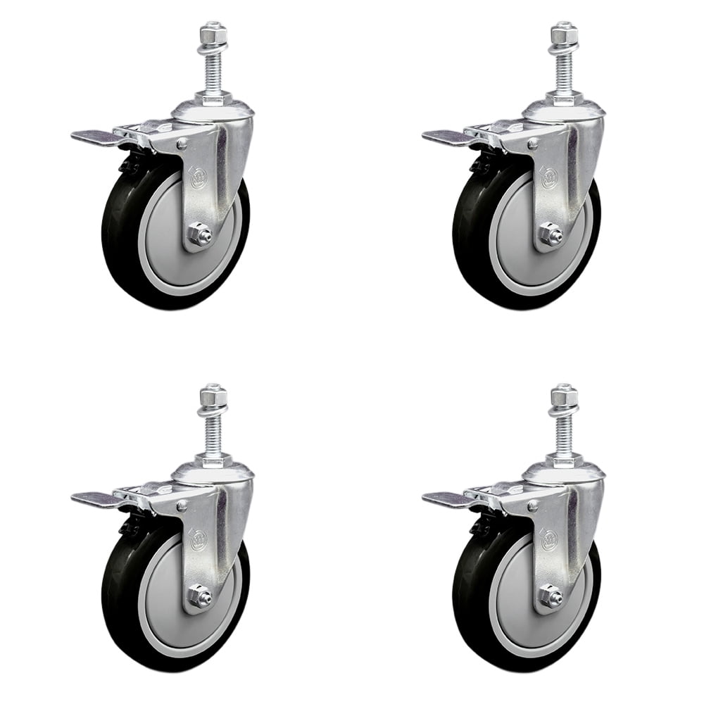 5 Inch SS Black Polyurethane 10mm Threaded Stem Caster Set Total Lock ...