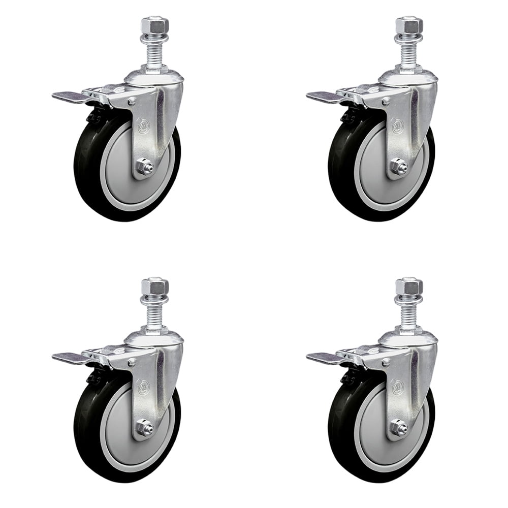 5 Inch SS Black Polyurethane 12mm Threaded Stem Caster Set Total Lock ...