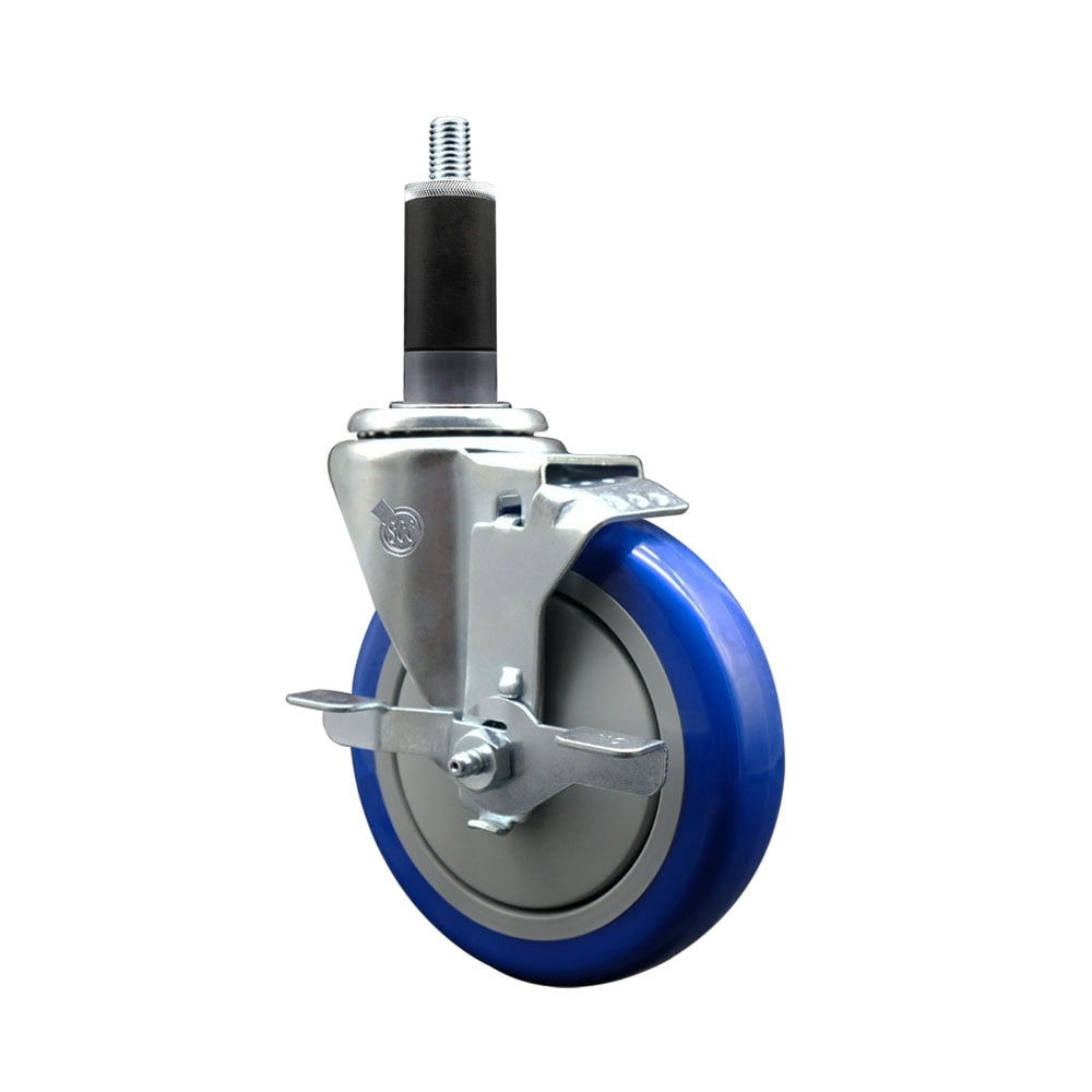 5 Inch SS Blue Poly Swivel 1-1/8 Inch Expanding Stem Caster with Brake ...