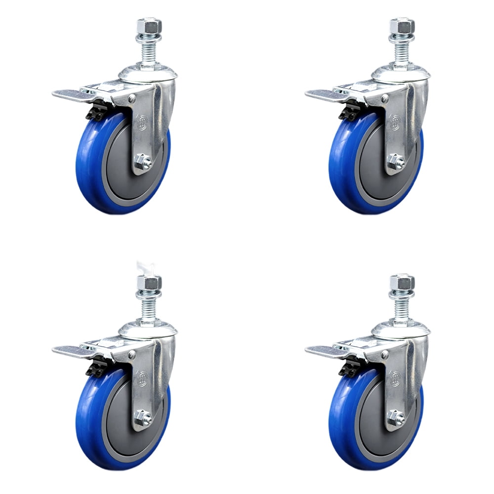 5 Inch SS Blue Polyurethane ½ Inch Threaded Stem Caster Set Total Lock ...