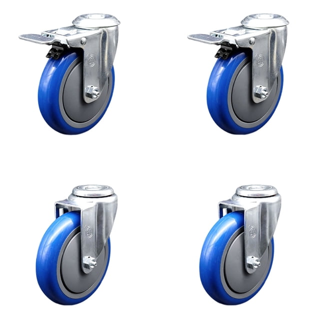 5 Inch SS Blue Polyurethane Swivel Bolt Hole Caster Set with 2 Total ...
