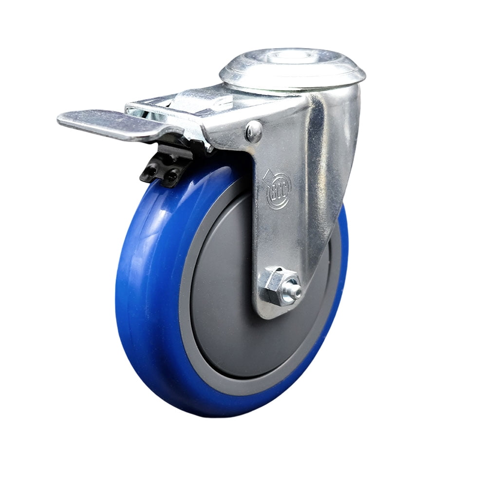 5 Inch SS Blue Polyurethane Wheel Swivel Bolt Hole Caster with Total ...