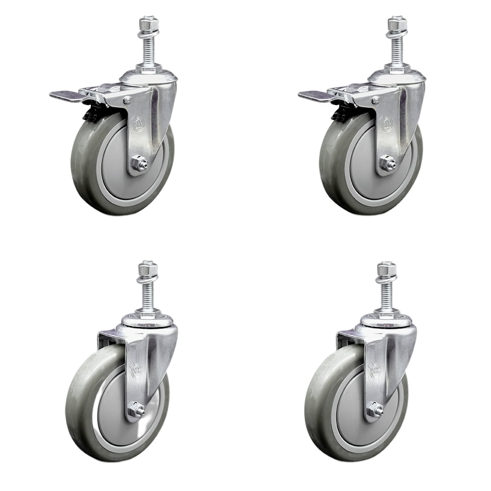 5 Inch SS Gray Polyurethane 3/8 Inch Threaded Stem Caster Set 2 Total ...