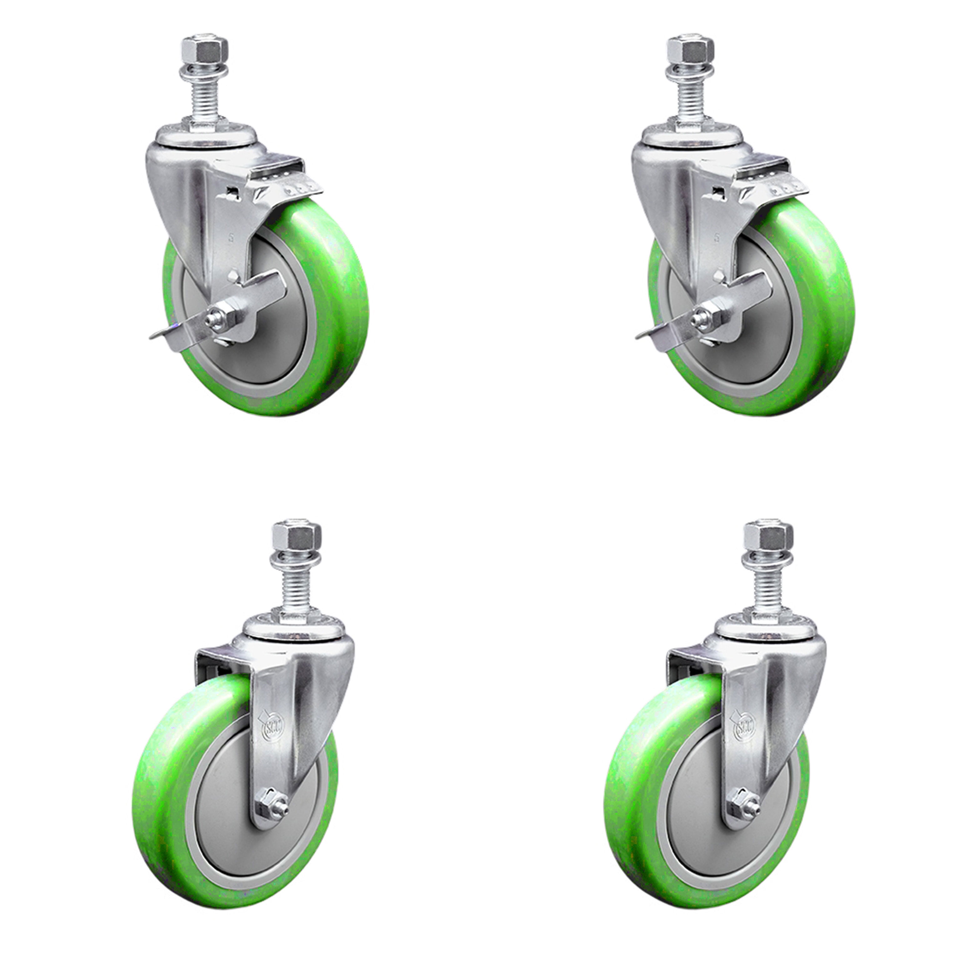 5 Inch SS Green Polyurethane Swivel ½ Inch Threaded Stem Caster Set 2 ...