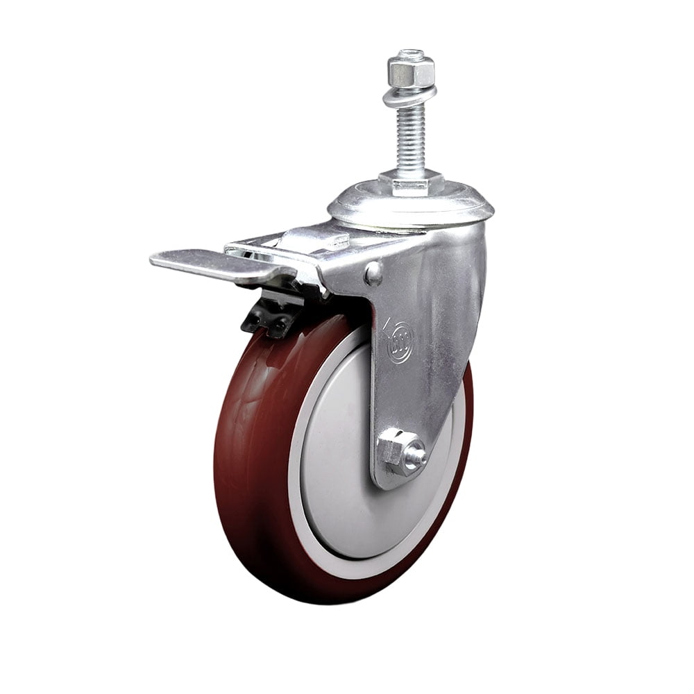 5 Inch SS Maroon Polyurethane 10mm Threaded Stem Caster Total Lock ...