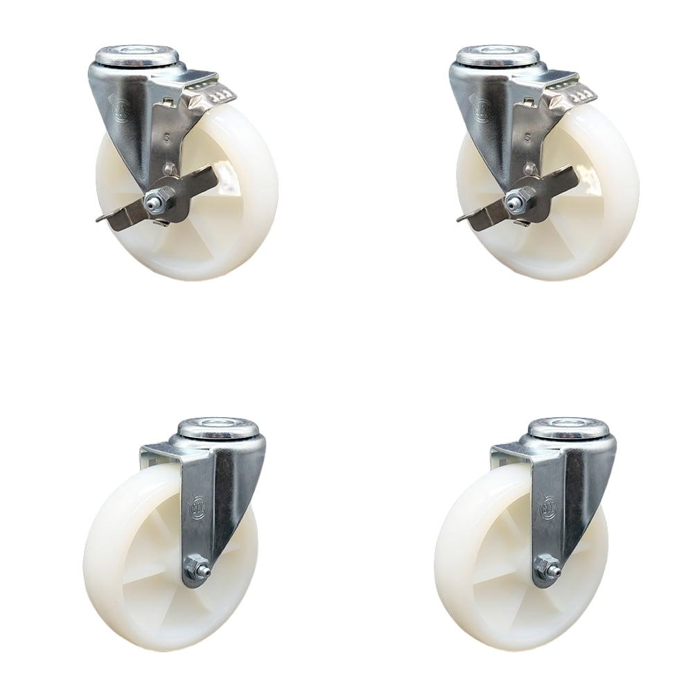 5 Inch SS Nylon Wheel Swivel Bolt Hole Caster Set with 2 Brakes Service ...
