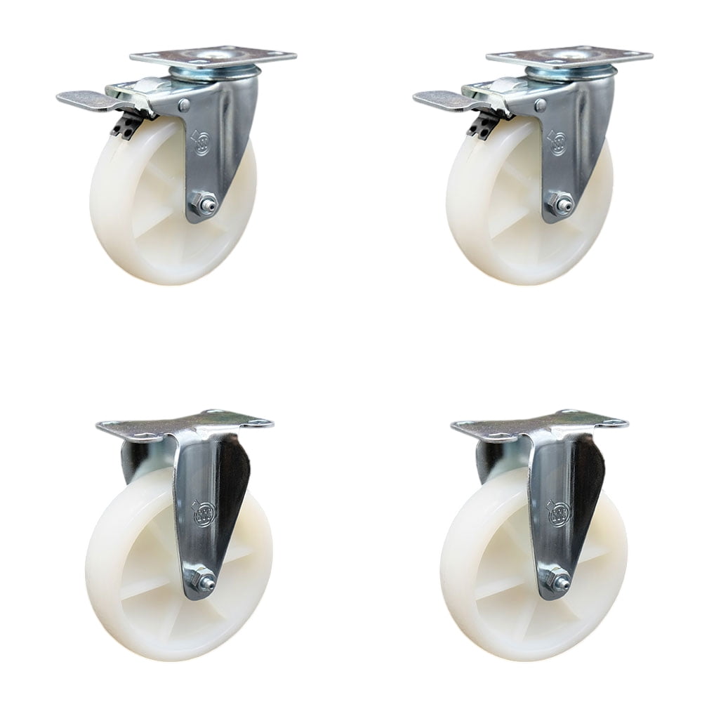 5 Inch SS Nylon Wheel Swivel Top Plate Caster Set 2 Lock Brake 2 Rigid ...
