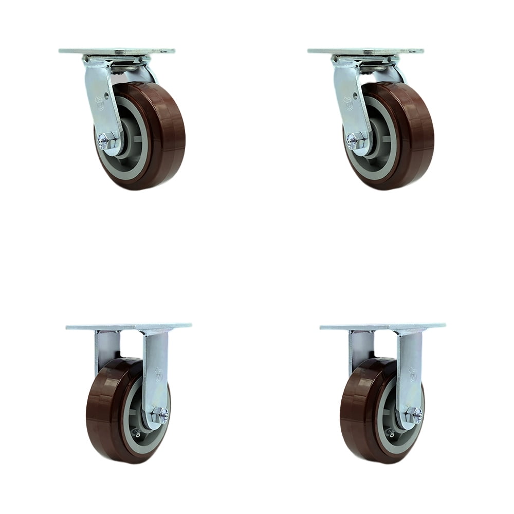 5 Inch SS Polyurethane Caster Set with Roller Bearings 2 Swivel 2 Rigid ...