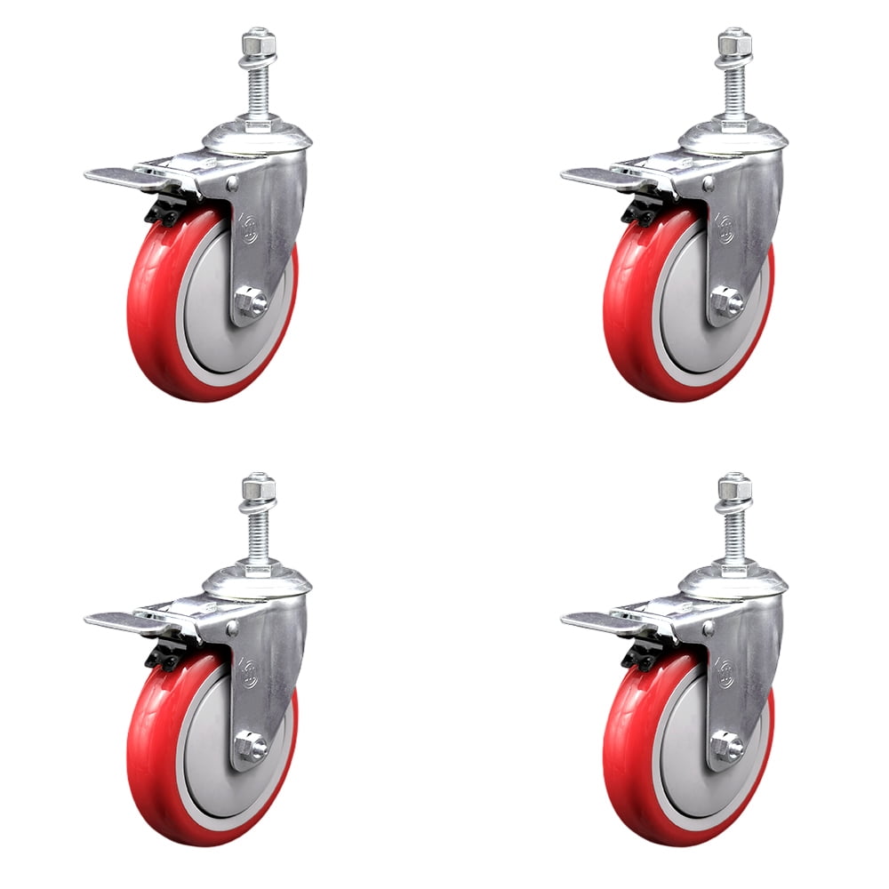5 Inch SS Red Polyurethane 10mm Threaded Stem Caster Set Total Lock ...