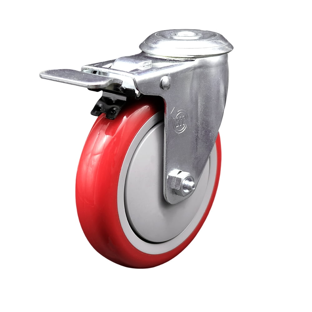 5 Inch SS Red Polyurethane Wheel Swivel Bolt Hole Caster with Total ...