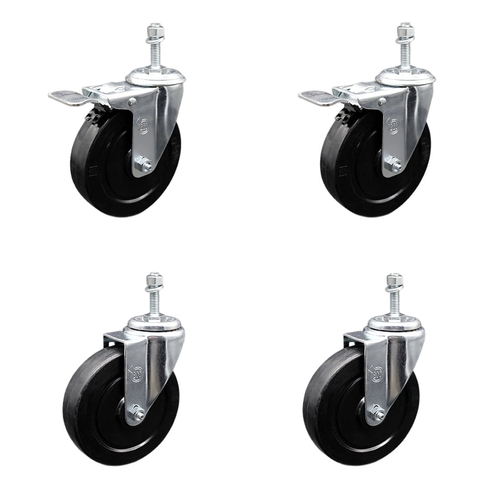 5 Inch SS Soft Rubber 3/8 Inch Threaded Stem Caster Set 2 Total Lock ...