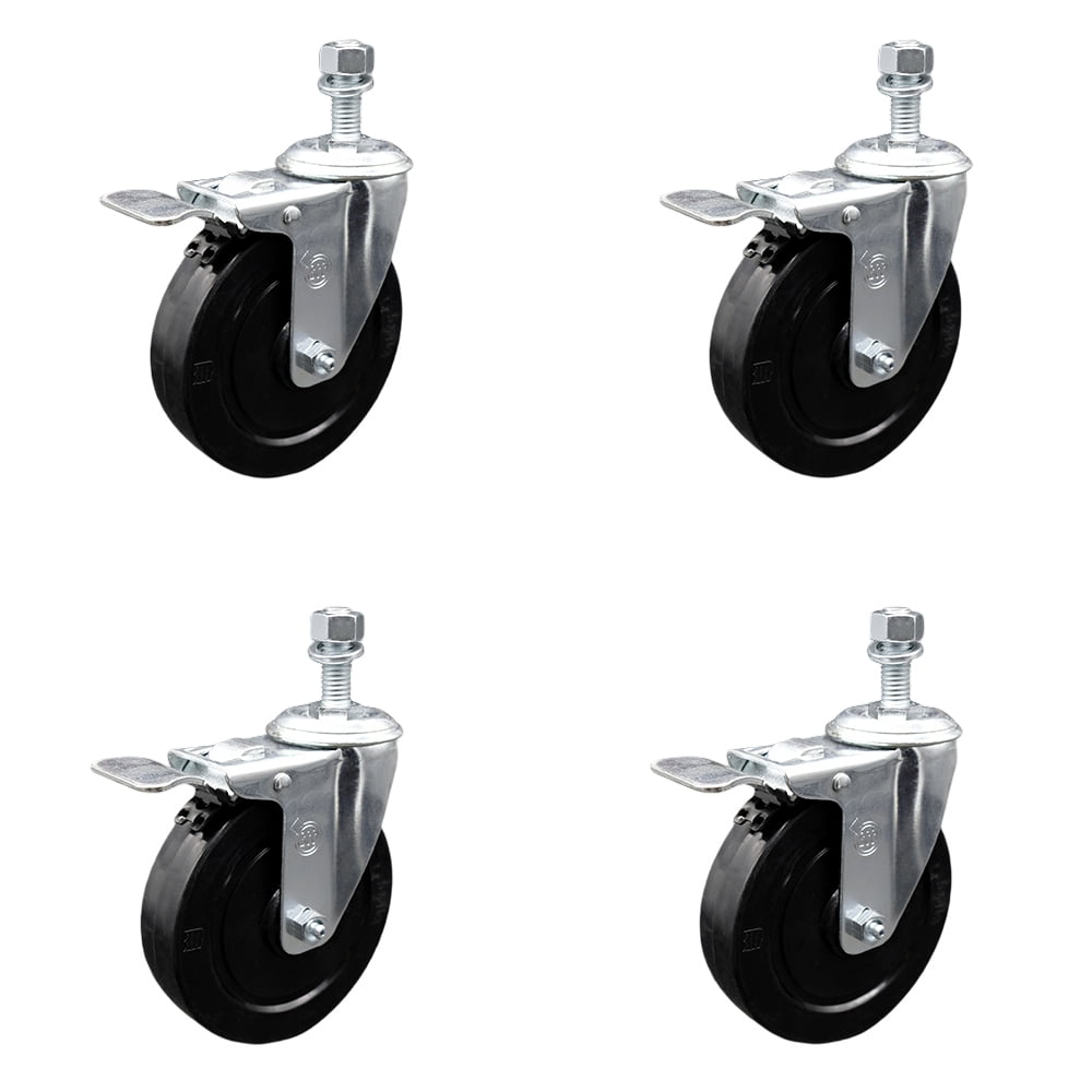 5 Inch SS Soft Rubber Swivel 10mm Threaded Stem Caster Set Total Lock ...